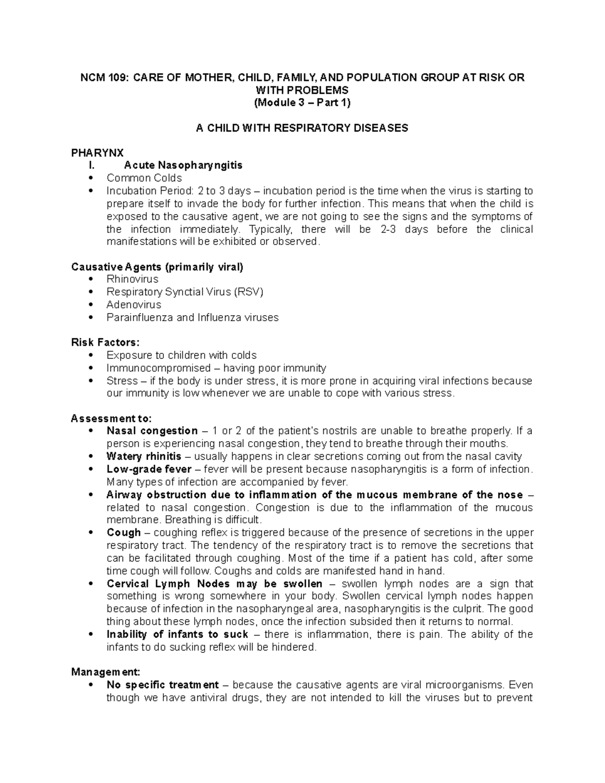 NCM 109 Final Exam Reviewer: Respiratory Diseases in Children - Studocu