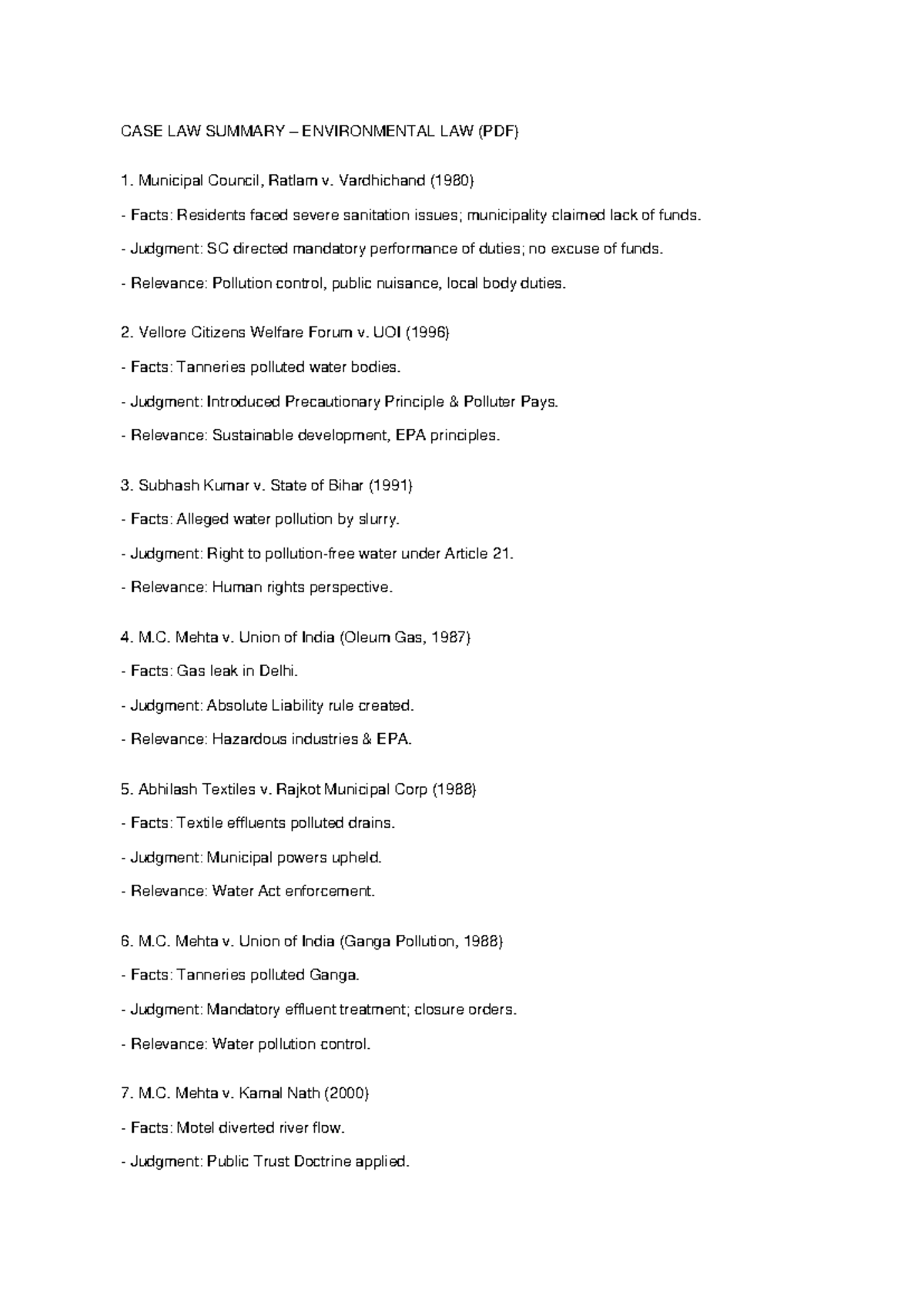 Environmental Law Case Summaries (PDF) - Studocu
