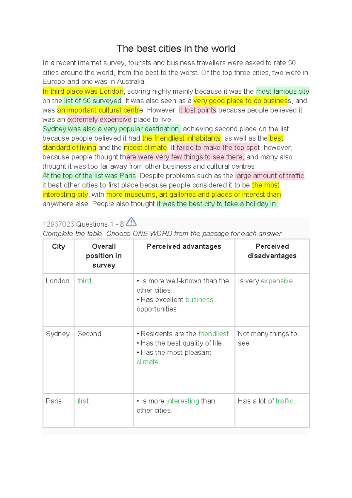 Table Completion Practice for Survey on Best Cities 12937023 - Studocu