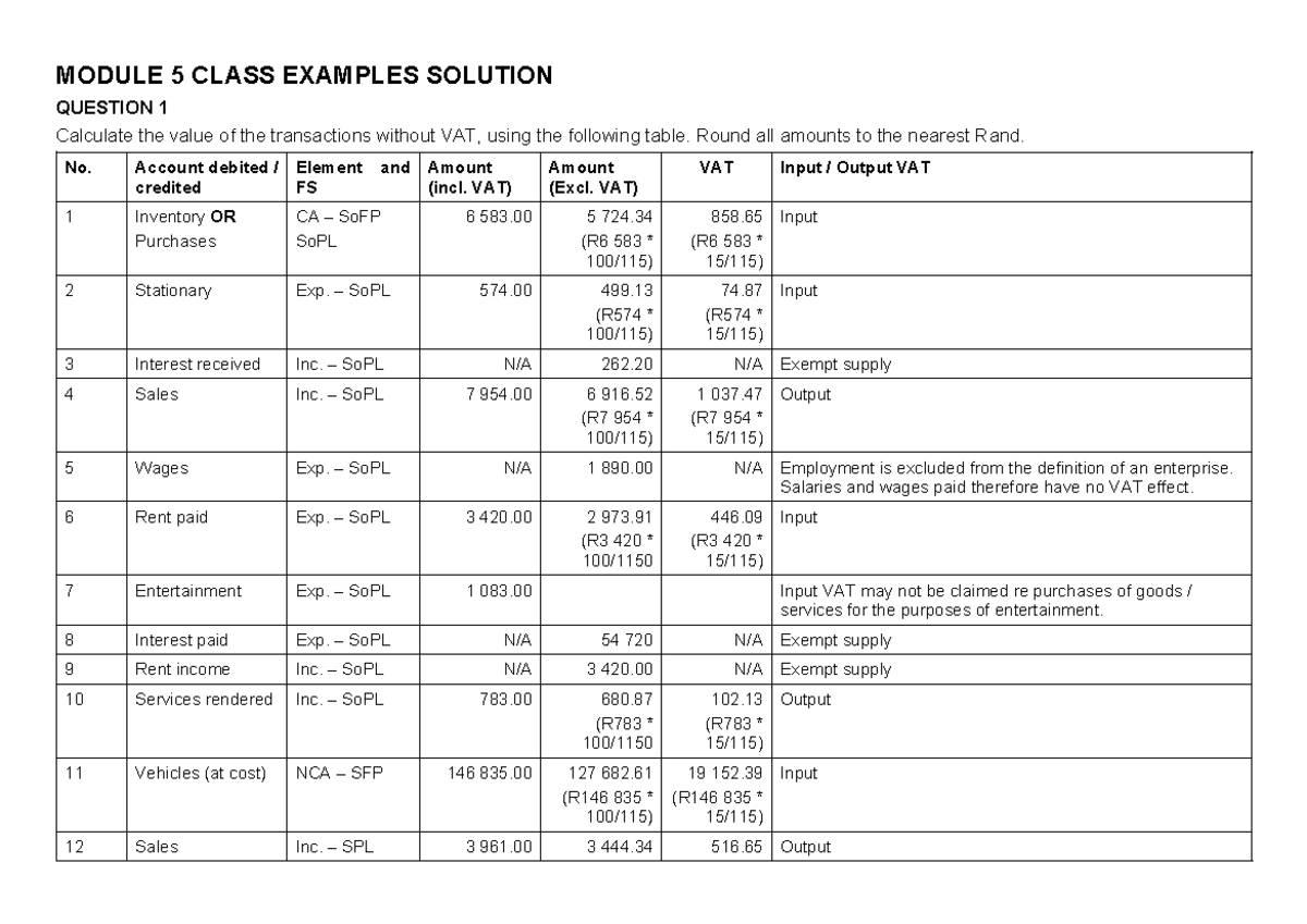 Module 5 Class Examples: VAT Calculation Solutions - Studocu