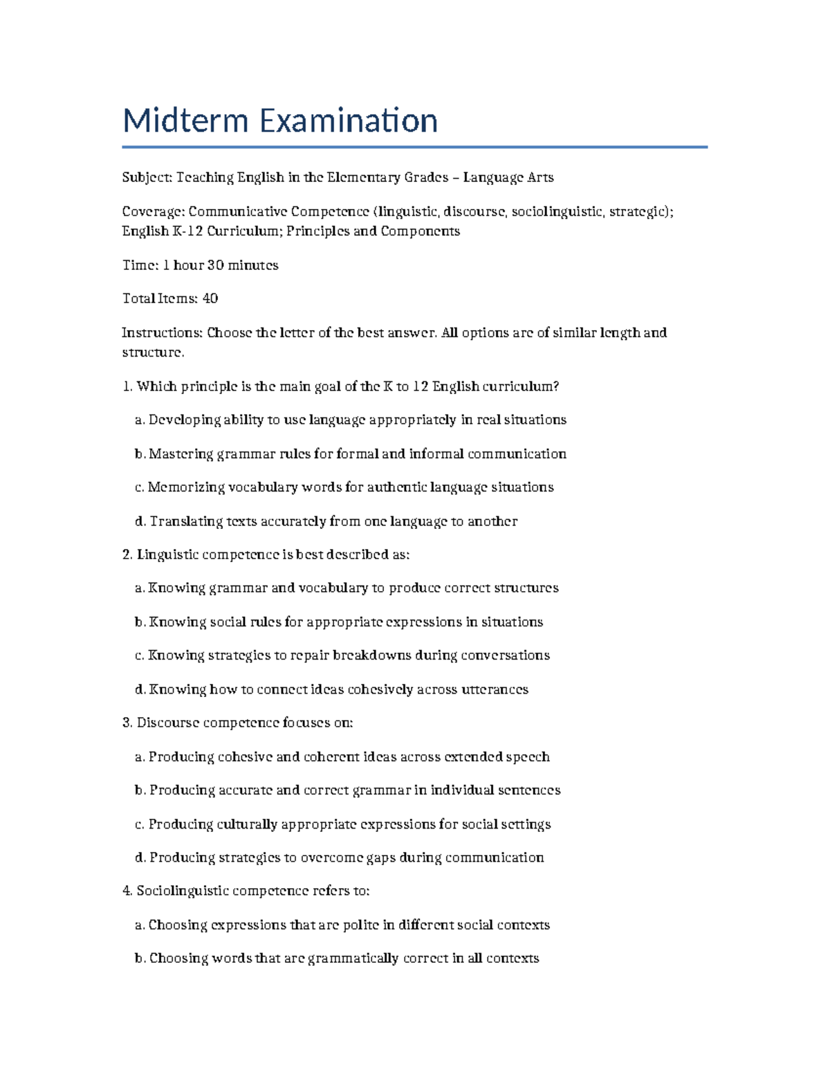 Midterm Exam: Teaching English in the Elementary Grades (ELA) - Studocu
