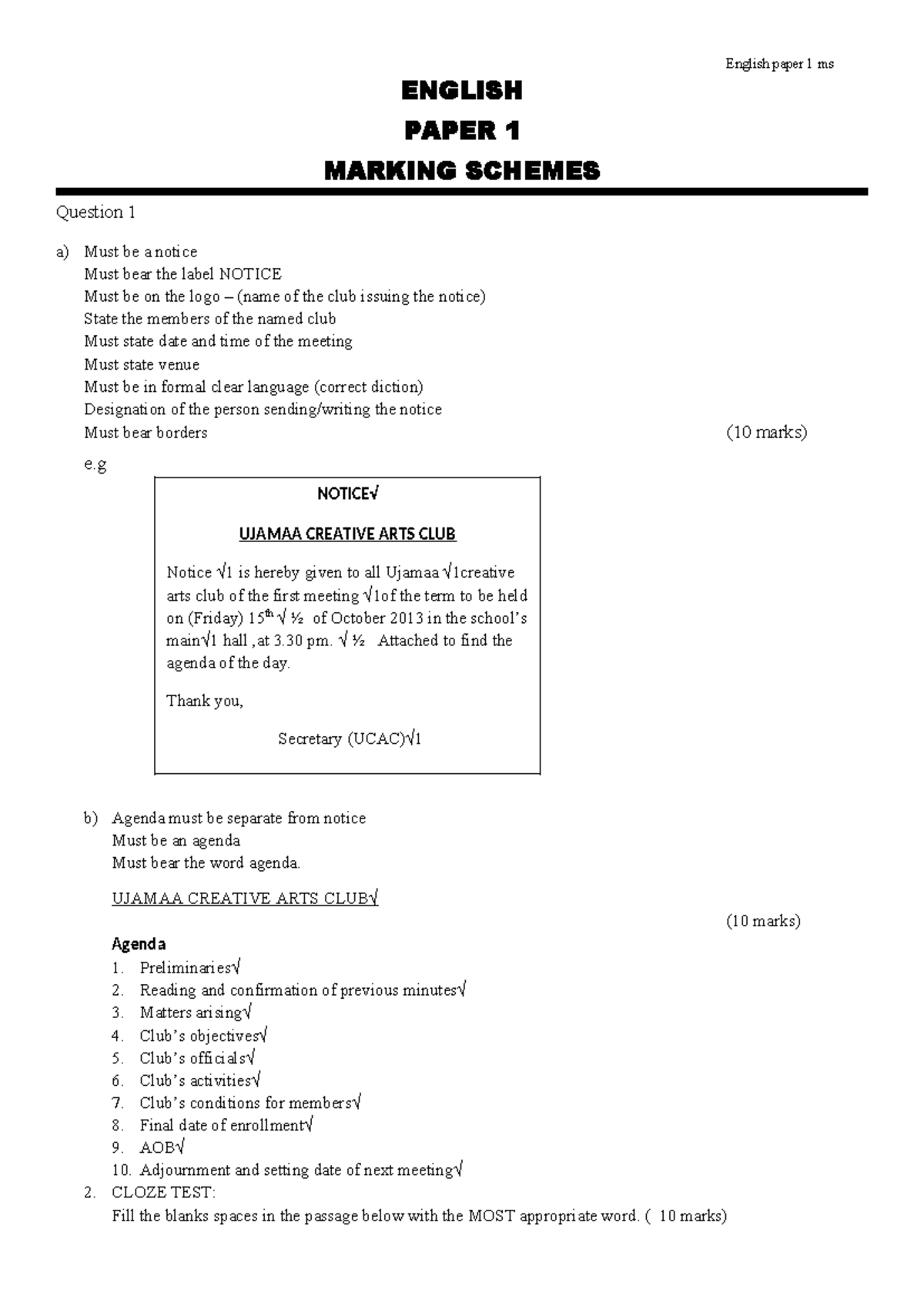 English P1 MS 004 - Marking Scheme for Notice and Agenda - Studocu