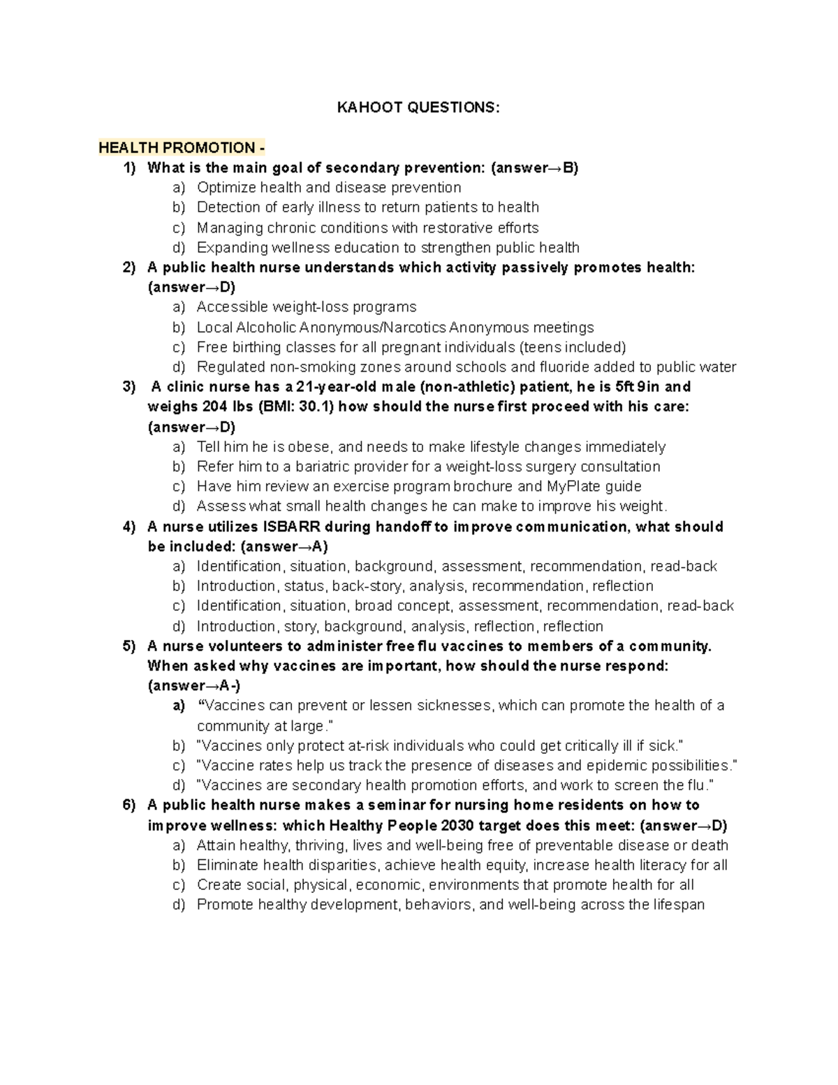 Kahoot Quiz Questions for Health Promotion and Clinical Judgment - Studocu