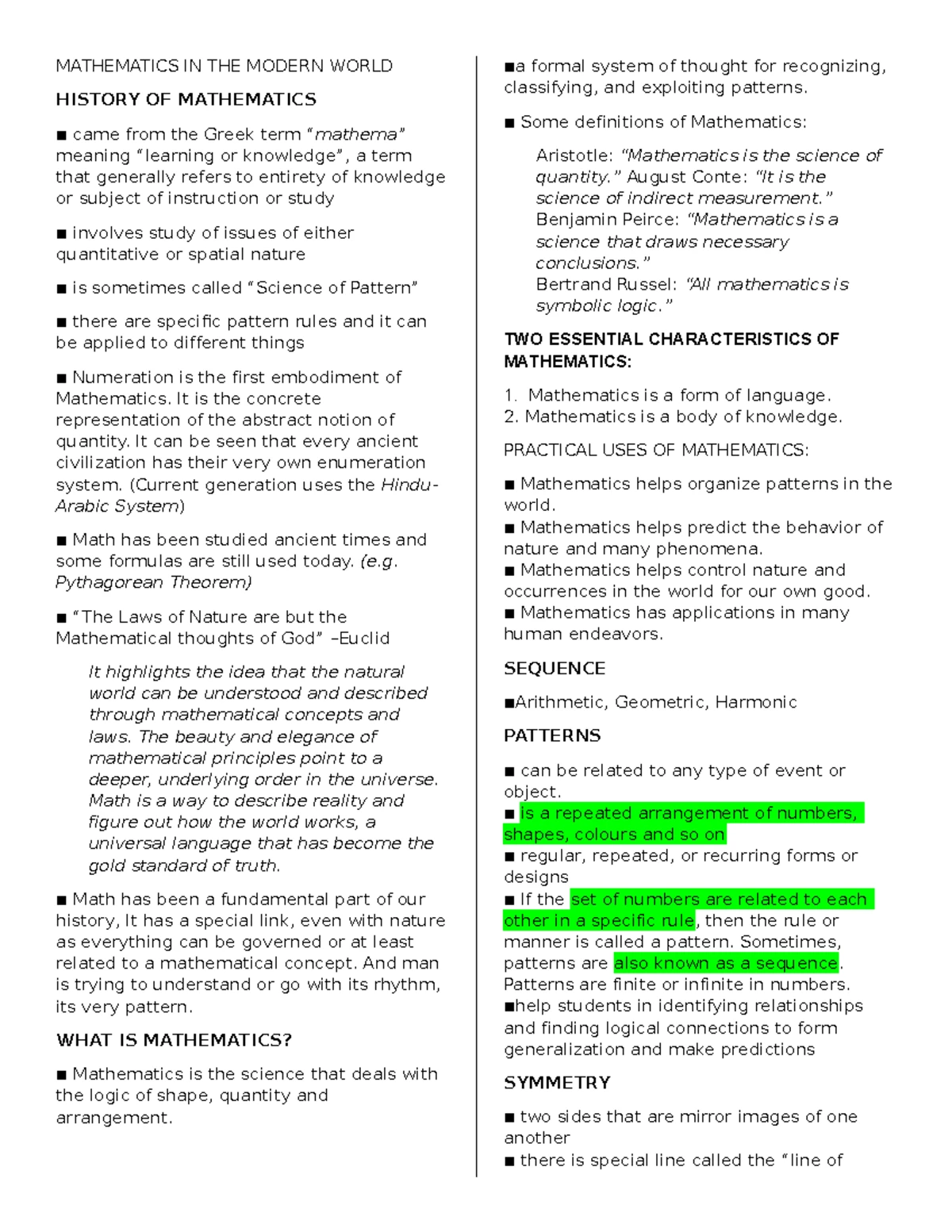 MTH101 Unit1 - Mathematics in the modern world lesson 1 - Unit 1: MATHEMATICS IN OUR WORLD ...