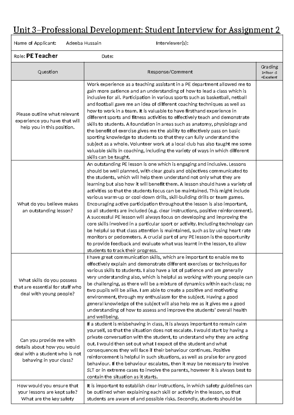 PE Teacher Interview Questions & Responses for Assignment 2 - Studocu