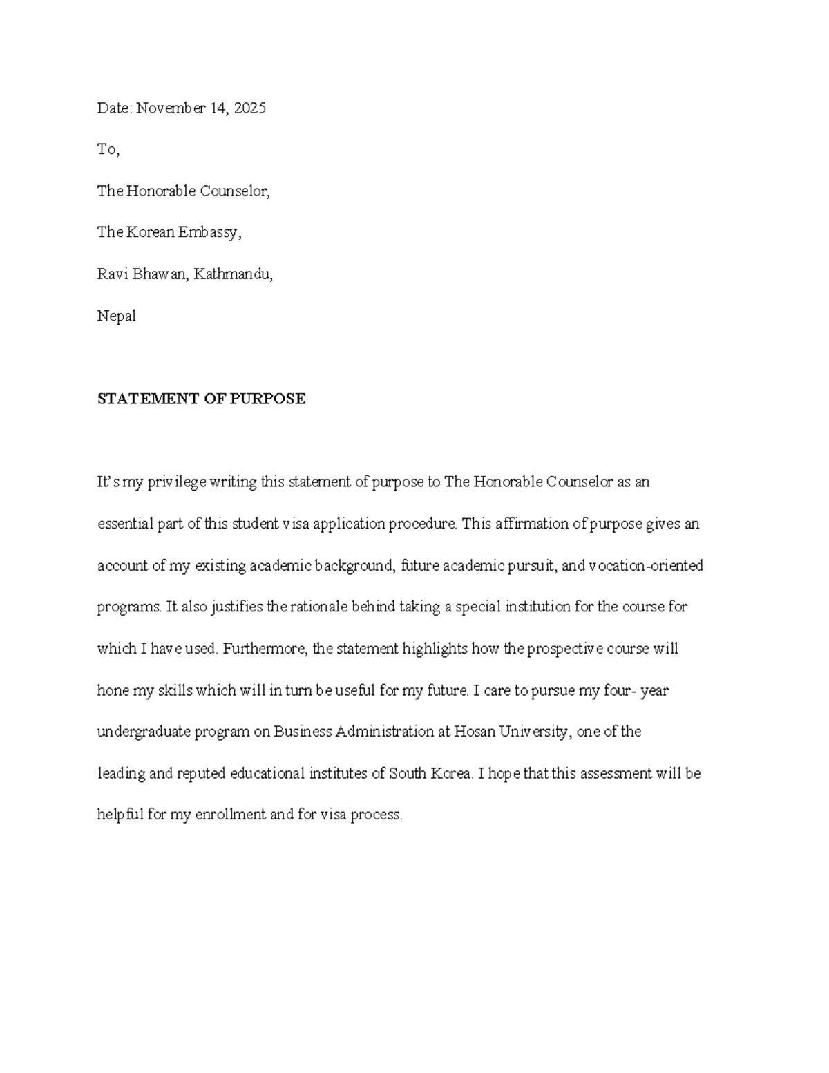 Statement of Purpose for Student Visa Application - Hosan University ...