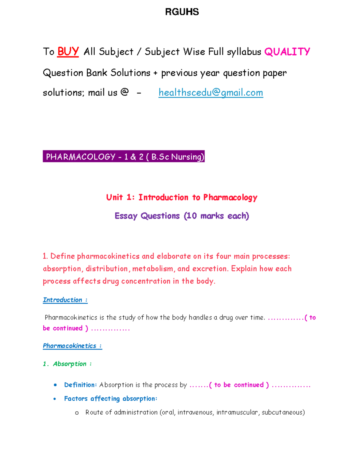 RGUHS B.Sc Nursing 4th Sem Pharmacology & ENT Comprehensive Notes - Studocu