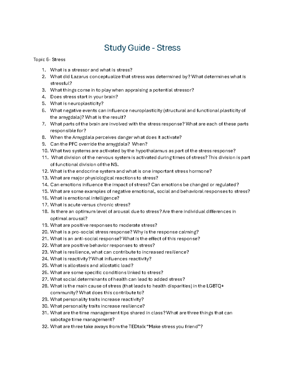 Study Guide - PSY 101: Understanding Stress and Its Effects - Studocu