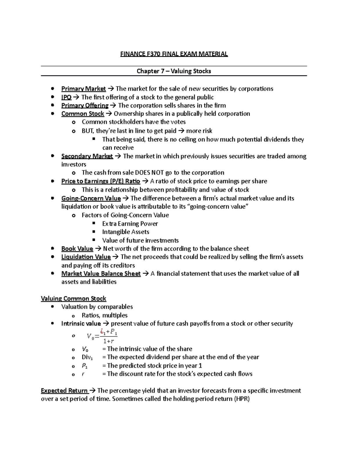 Finance F370 Final Exam Study Guide: Valuing Stocks & Capital Budgeting - Studocu