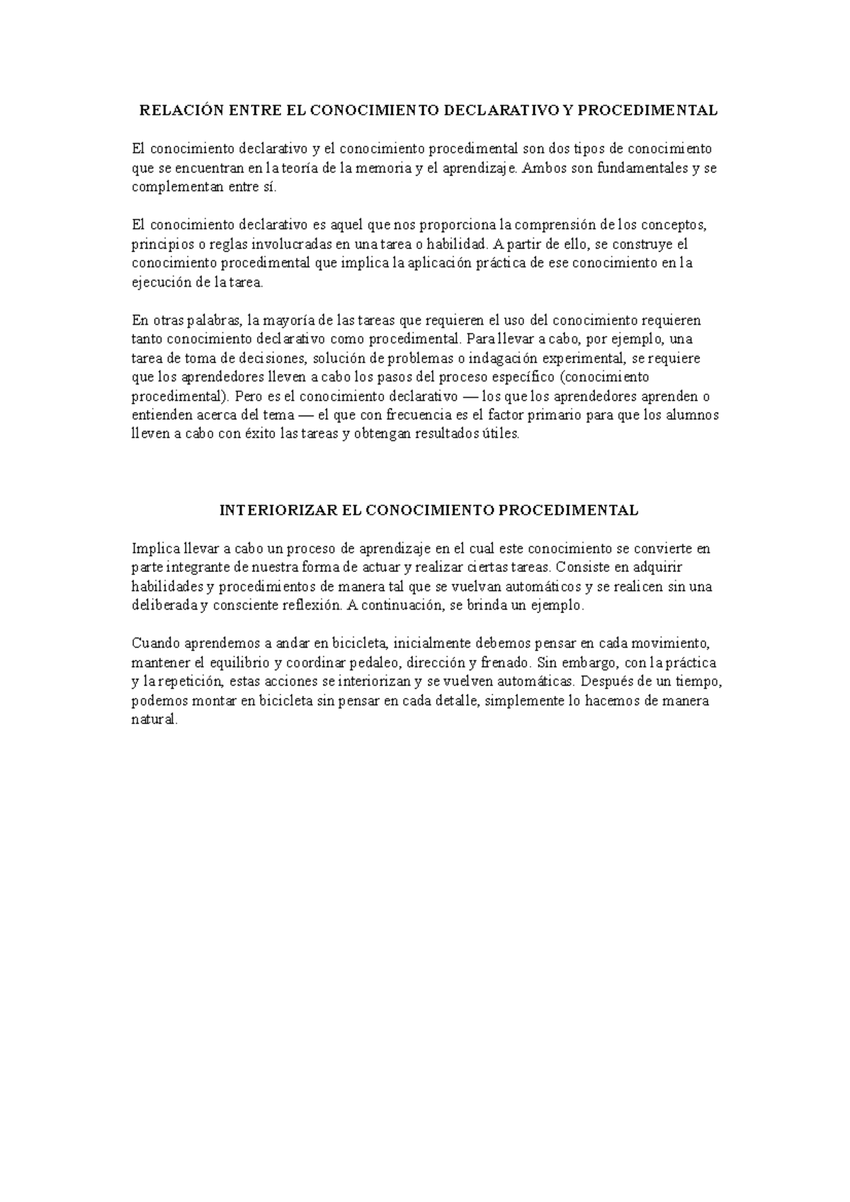Relación Entre EL Conocimiento Declarativo Y Procedimental - RELACIÓN ...