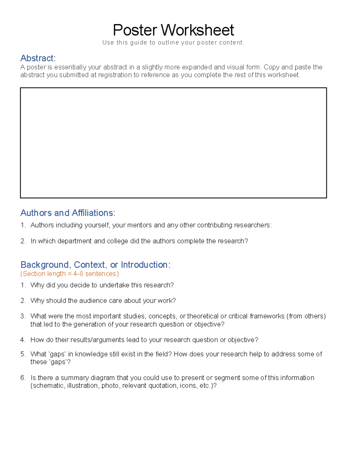 Poster Outline Worksheet - Poster Worksheet Use this guide to outline ...