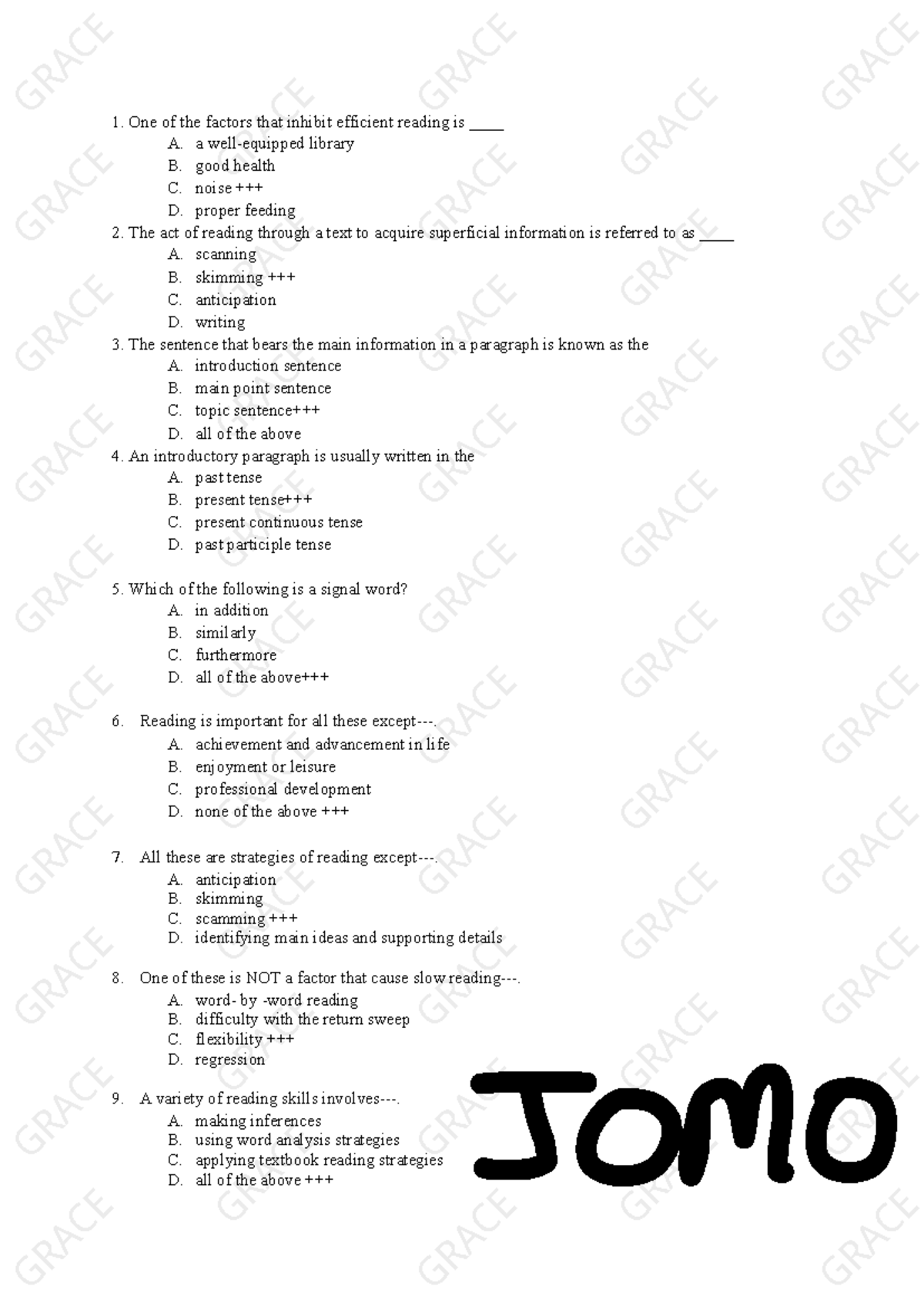 Grace GNS 102 - Past Exam Questions and Reading Strategies Guide - Studocu