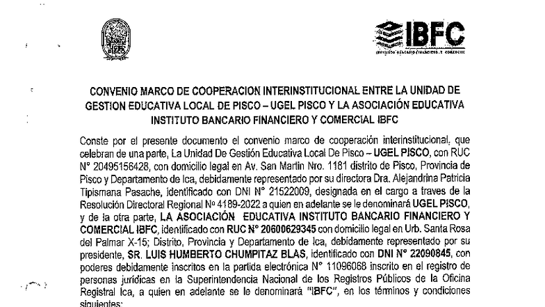 Convenio Marco de Cooperación Interinstitucional UGEL Pisco - IBFC - Studocu