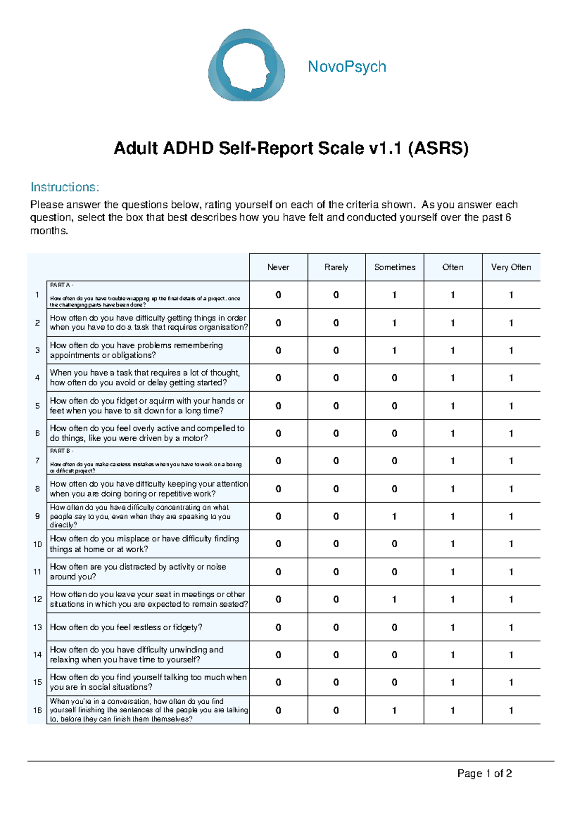 Adult ADHD Self Report Scale ASRS v1.1: Assessment Guide - Studocu