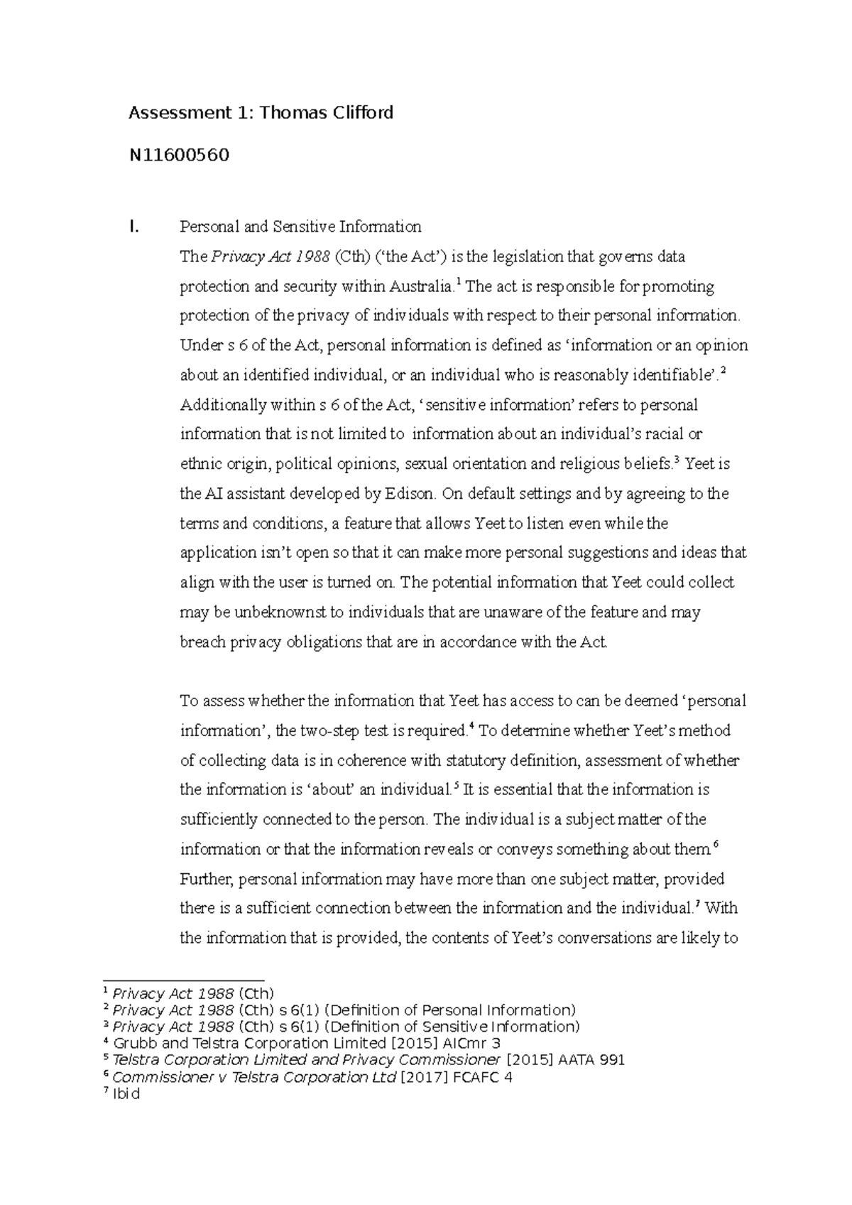 Assessment 1: Privacy Act 1988 (Cth) and Personal Data Management - Studocu