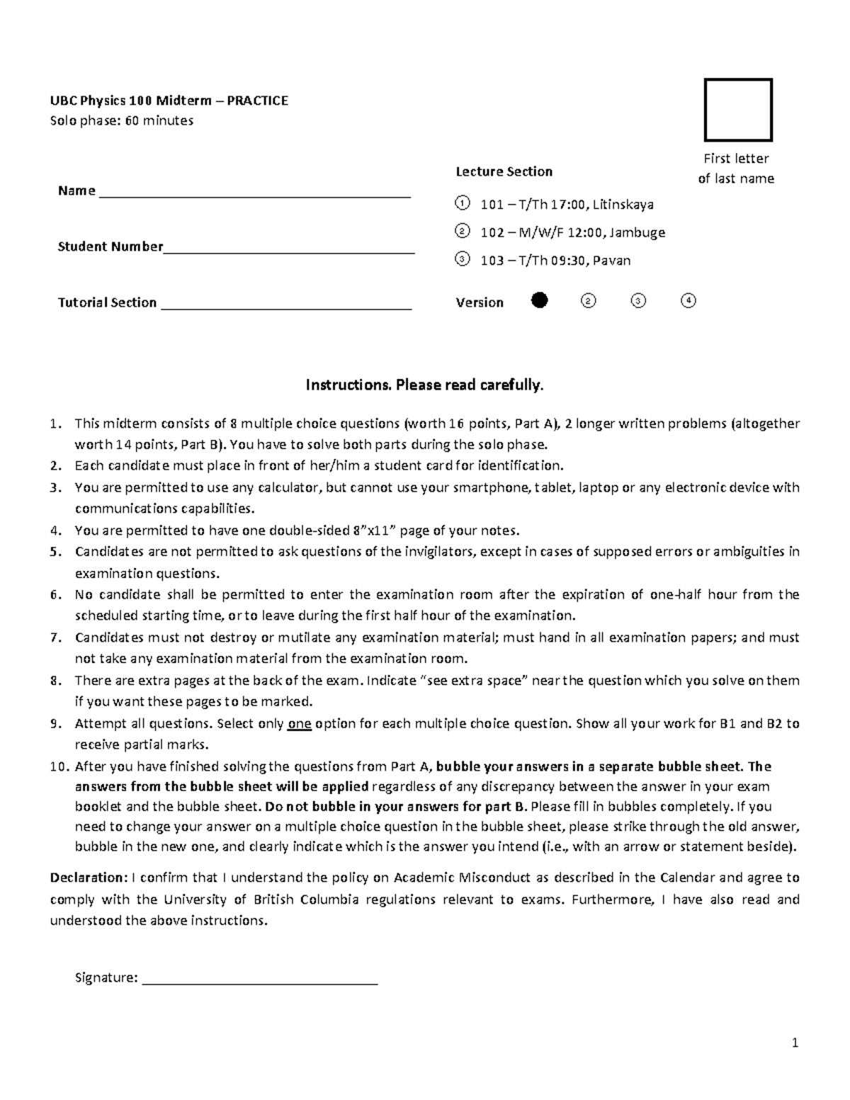 UBC PHYS 100 Midterm Exam Practice Questions and Instructions - Studocu