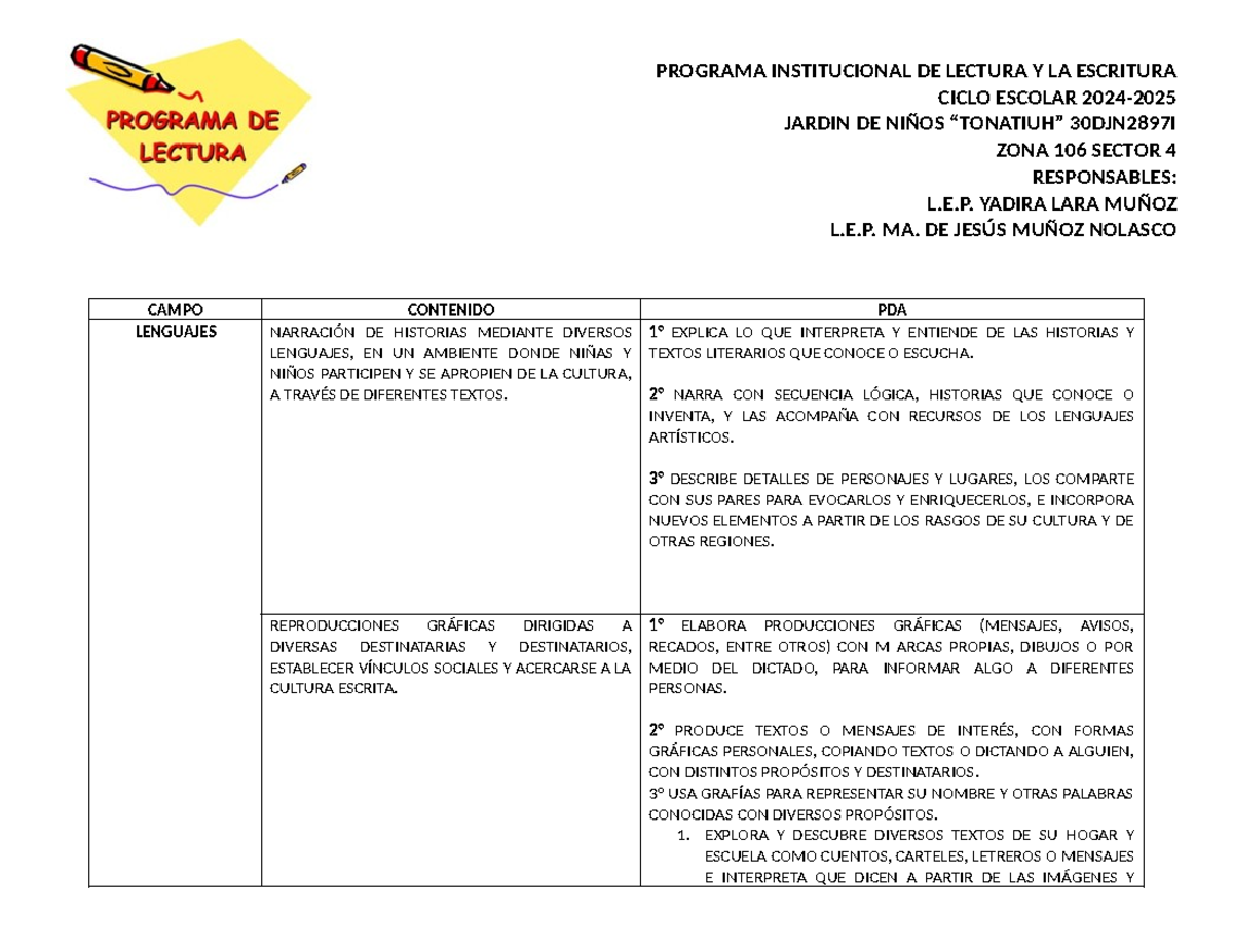 Programa Institucional DE Lectura Y LA Escritura - PROGRAMA ...