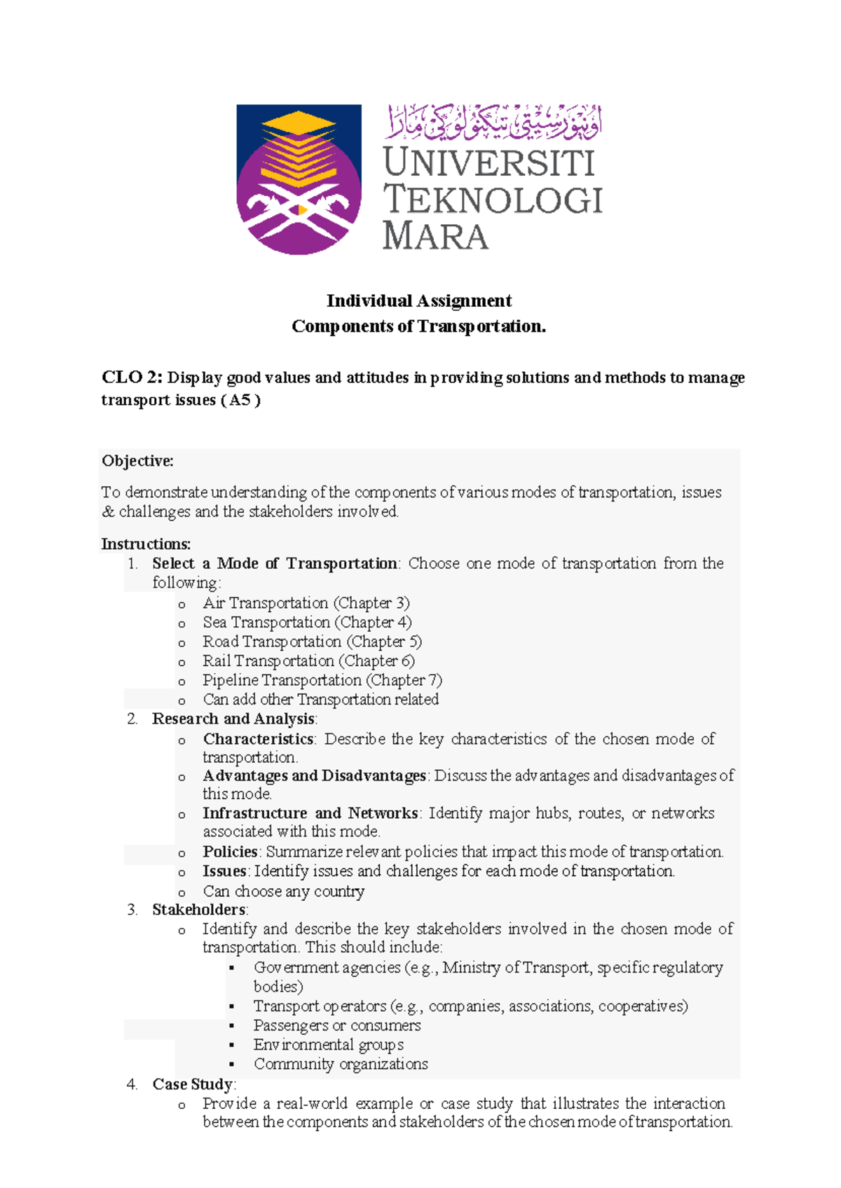 TPT251 Individual Assignment: Analyzing Transportation Modes and ...