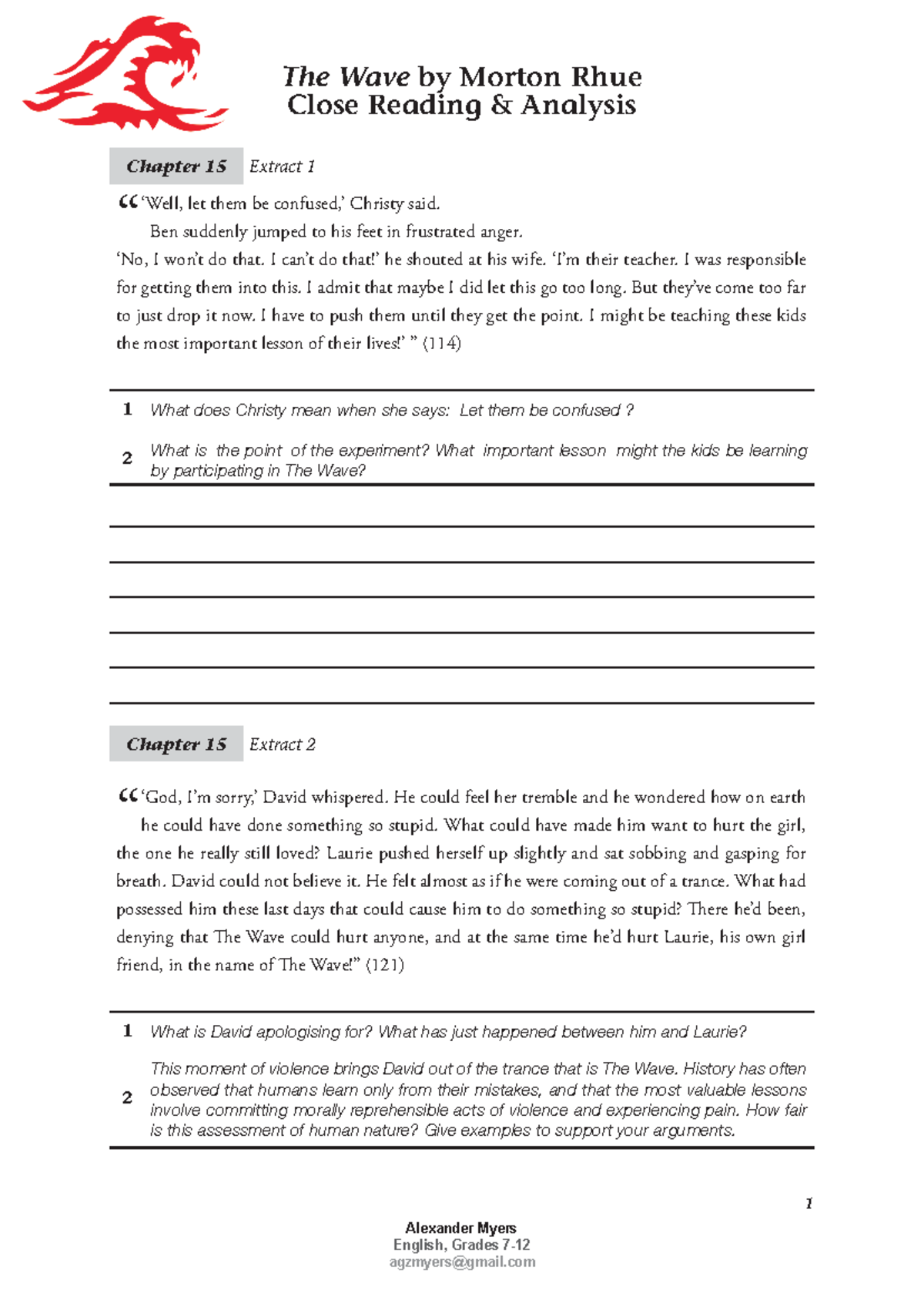 The Wave by Morton Rhue: Close Reading Analysis of Chapters 15-17 - Studocu