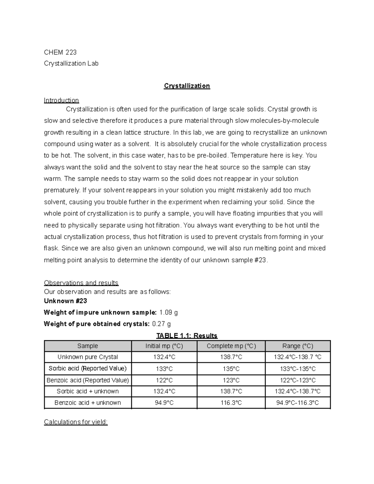 ORGO LAB Report #2-2 - lab guide for crystallization lab - CHEM 223 ...