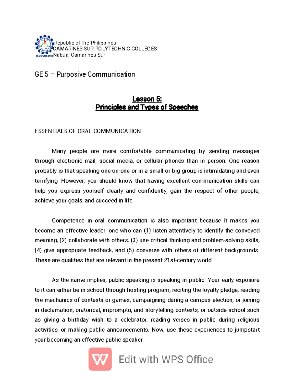GE 5 Lesson 5: Essential Principles & Types of Speeches in ...