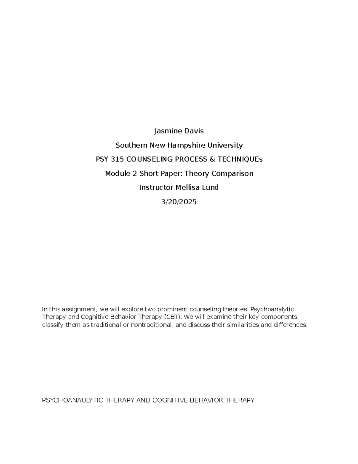 PSY 315 Module 2 Short Paper: Comparing Psychoanalytic & CBT - Studocu