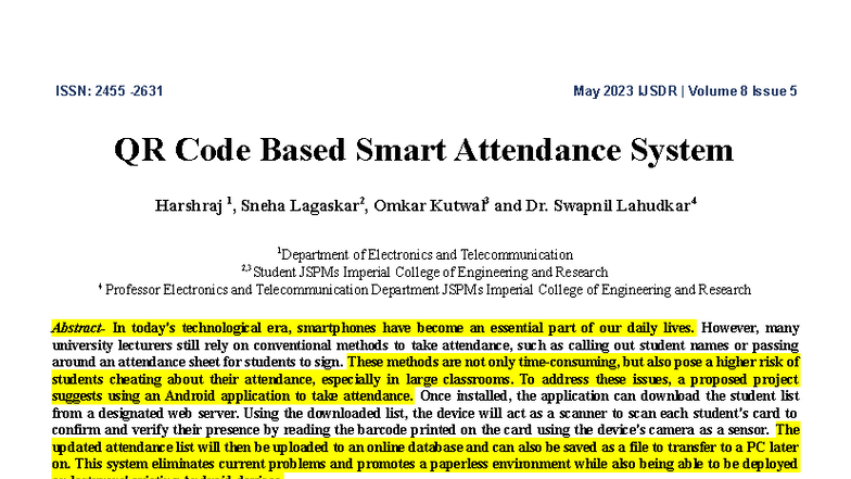 QR Code Based Smart Attendance System - IJSDR Volume 8 Issue 5 - Studocu