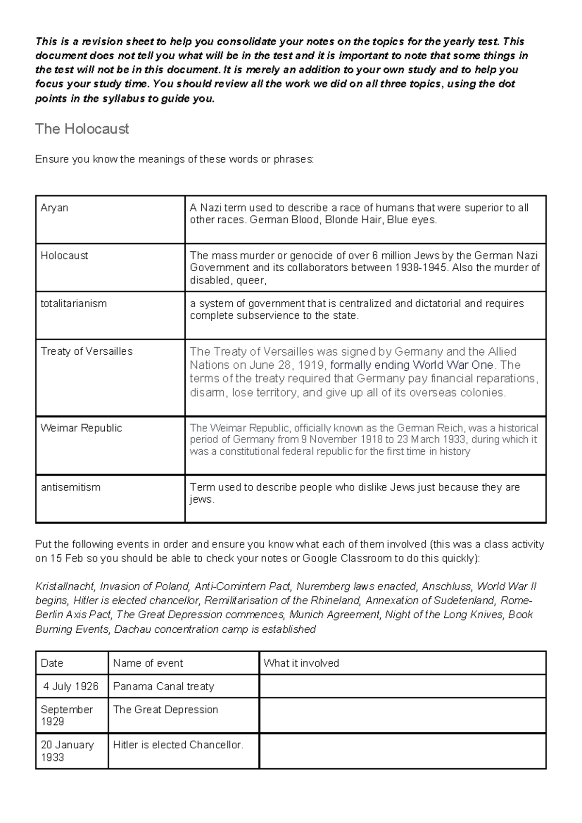 Year 10 History Revision Sheet for Yearly Exam - Studocu