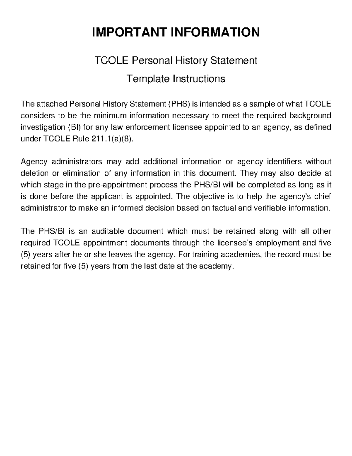 TCOLE Personal History Statement Template Instructions - Studocu