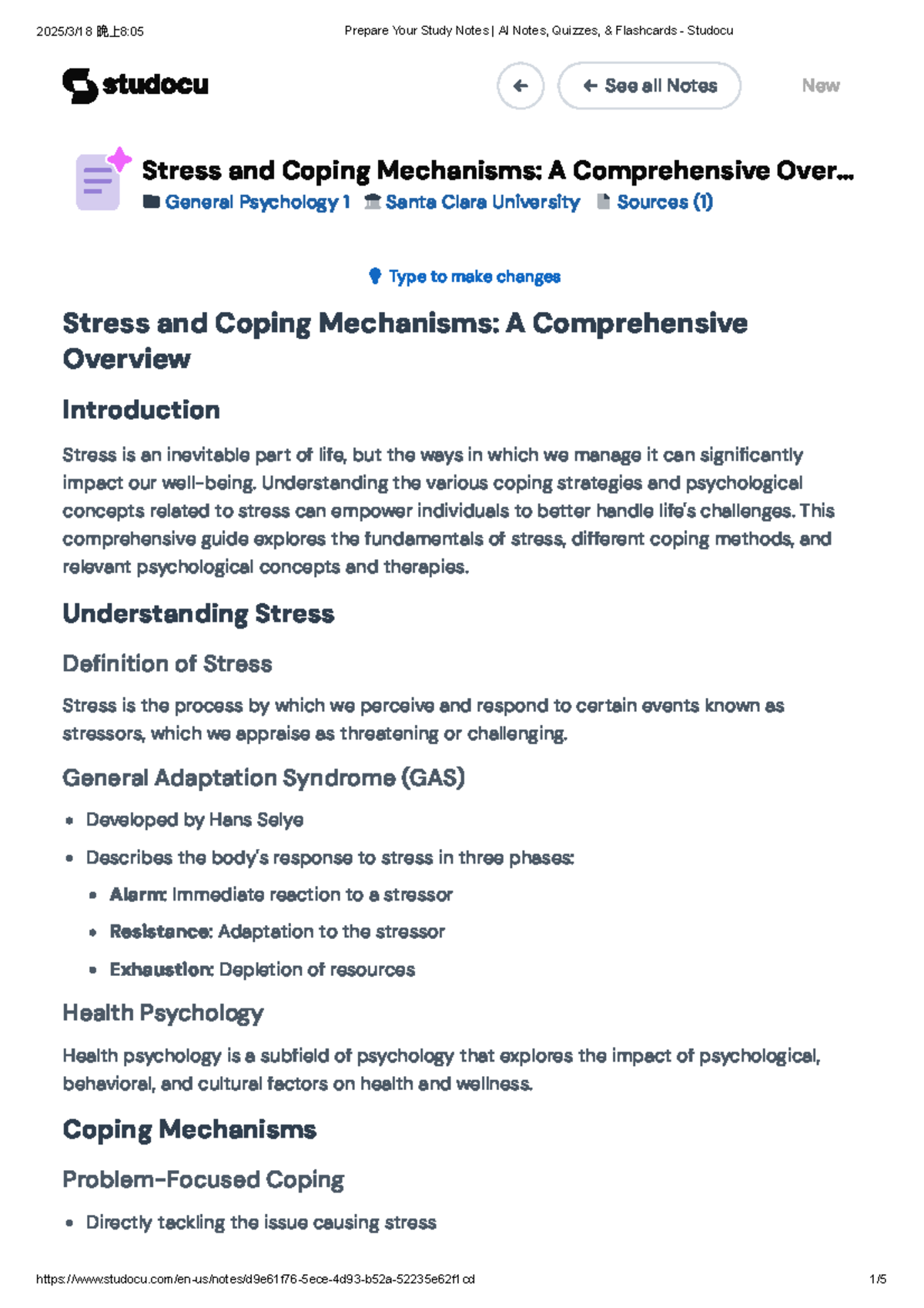 Notes - Stress and Coping Mechanisms for AP® Psychology, Unit 5 - Studocu