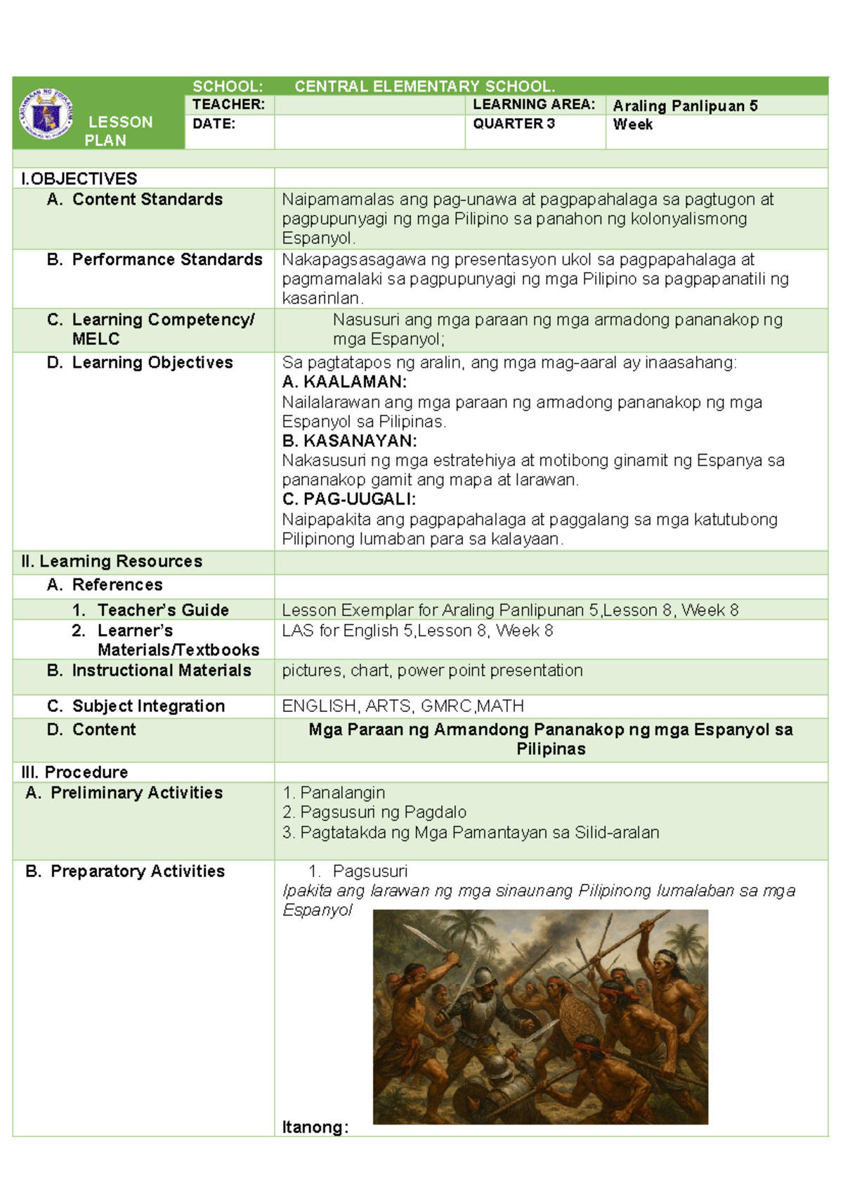 LP Grade 5 AP - Lesson Plan on Spanish Colonialism Methods - Studocu