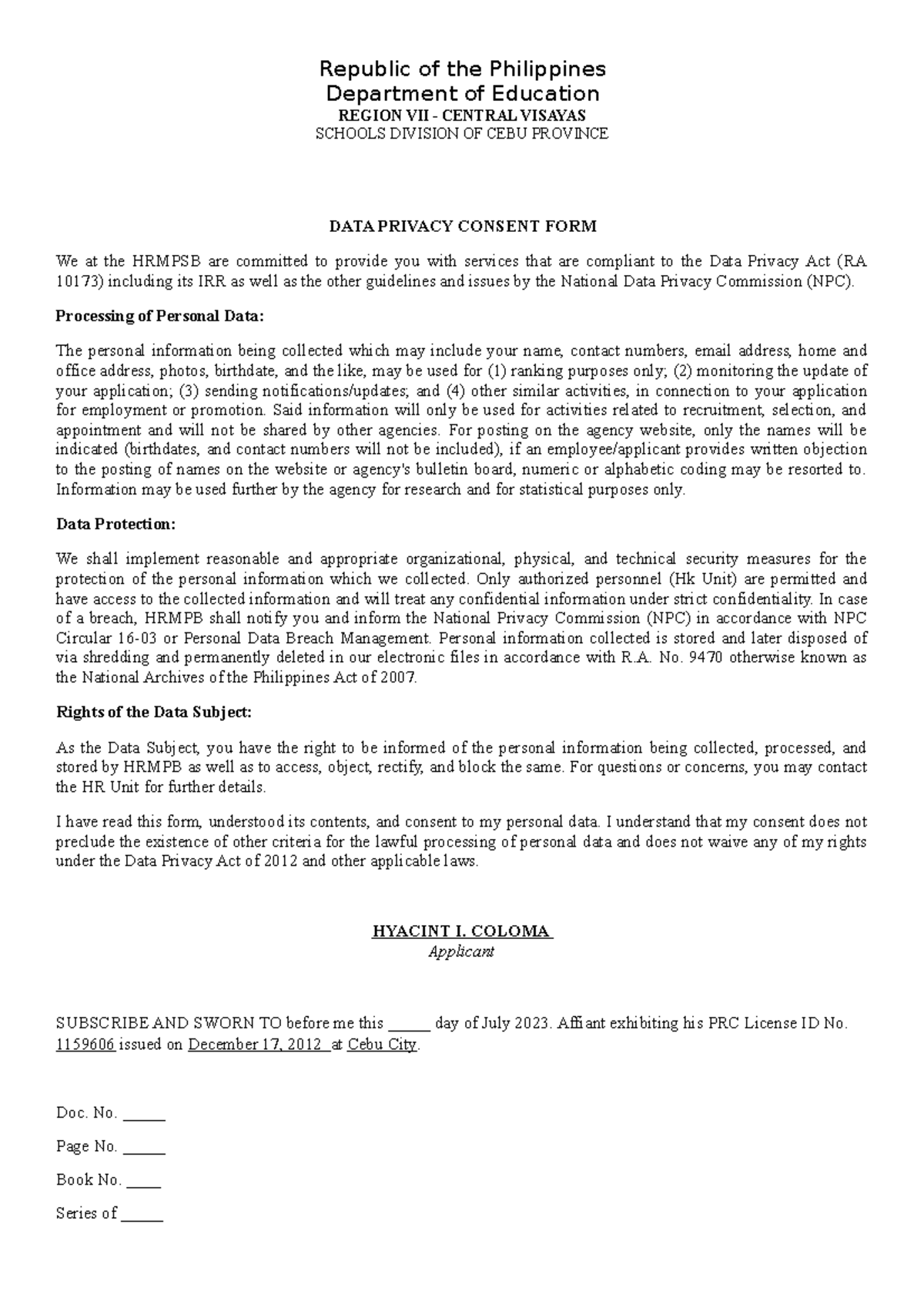 Data Privacy Consent Form - HRMPSB Compliance Guidelines - Studocu