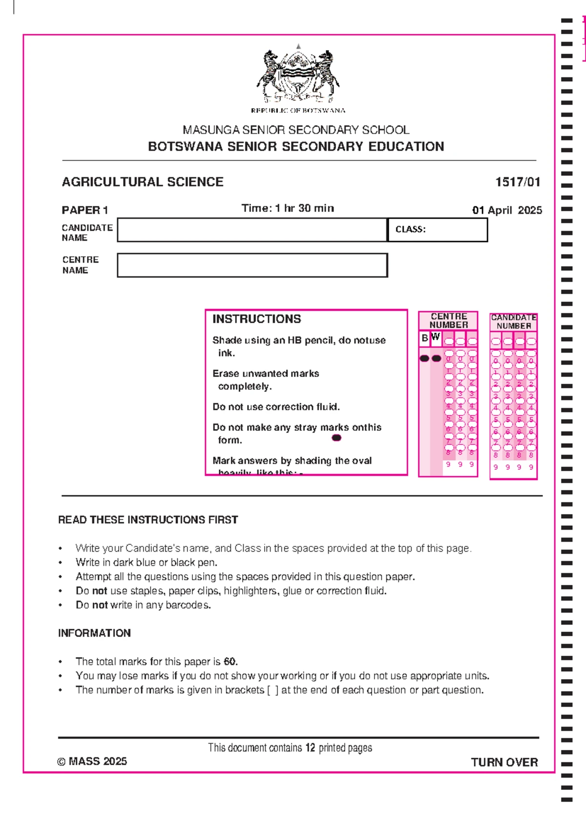 1517 Agriculture Science BEC 2025 Specimen Paper 1 Exam Guide - Studocu