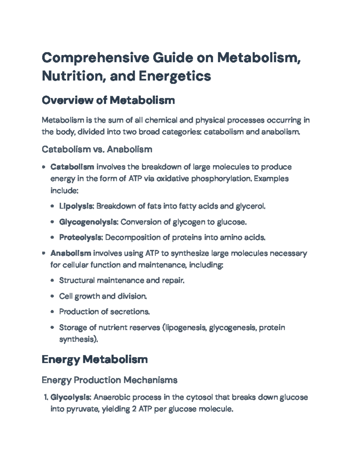Comprehensive Metabolism and Nutrition Guide (BIO101) - Comprehensive ...