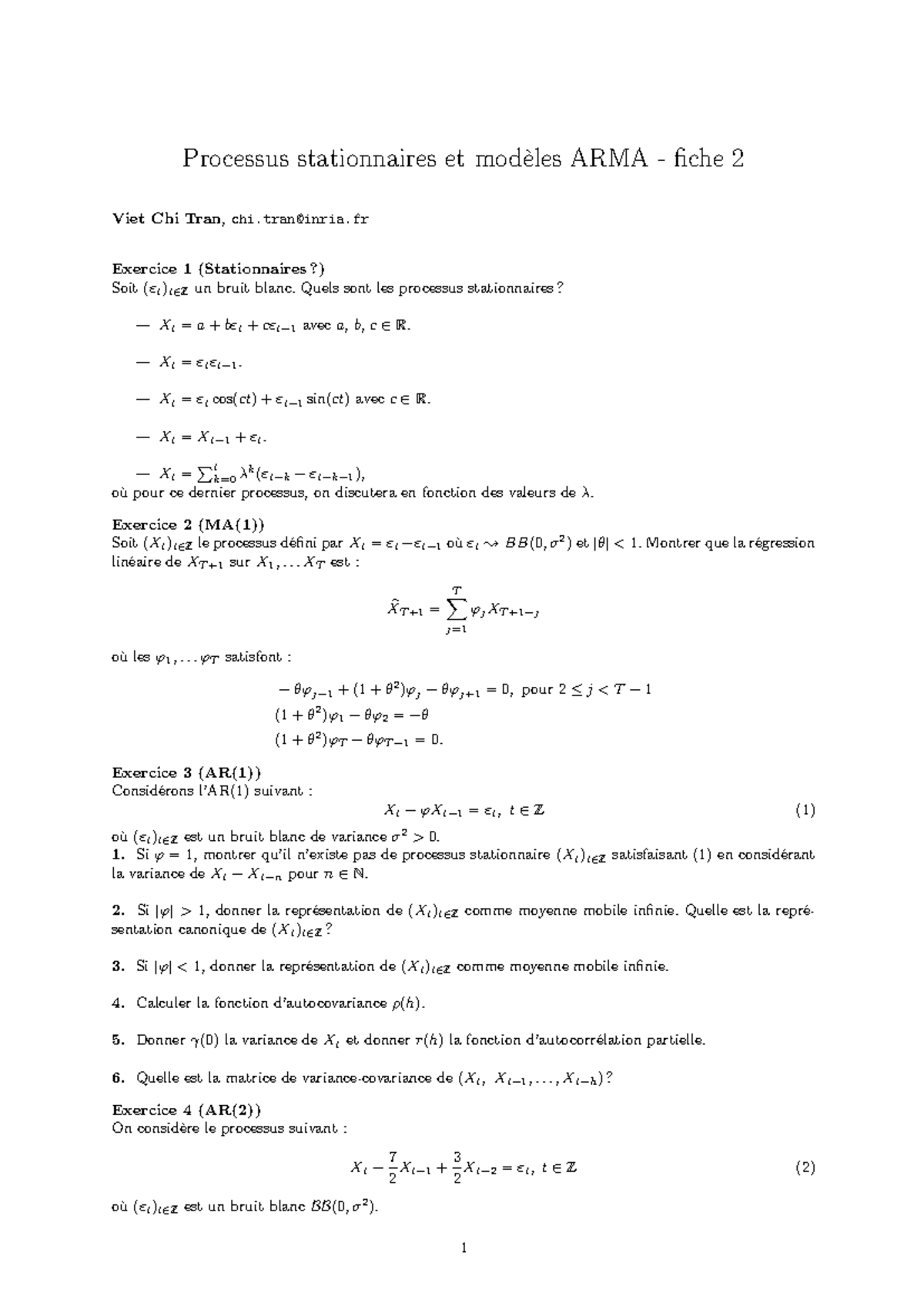 Fiche 2 ARMA et Processus Stationnaires - Exercice 1 à 4 - Studocu