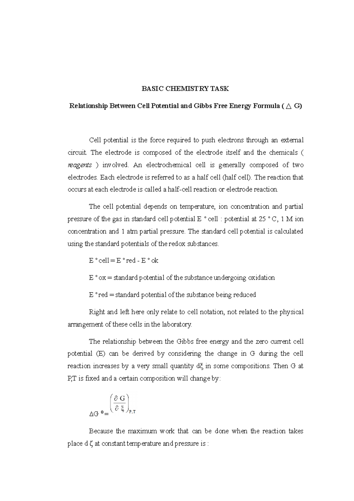 Standard potential - BASIC CHEMISTRY TASK Relationship Between Cell ...