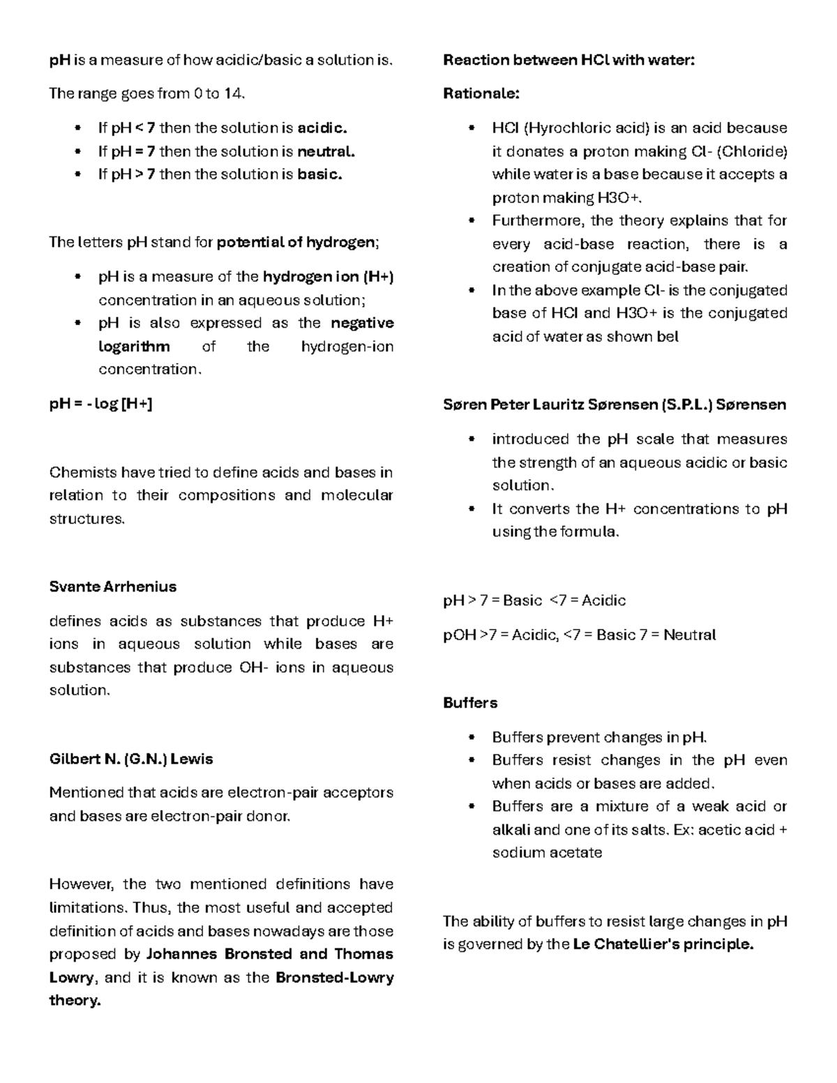 Biochem Midterms REV - pH is a measure of how acidic/basic a solution is. The range goes from 0 ...