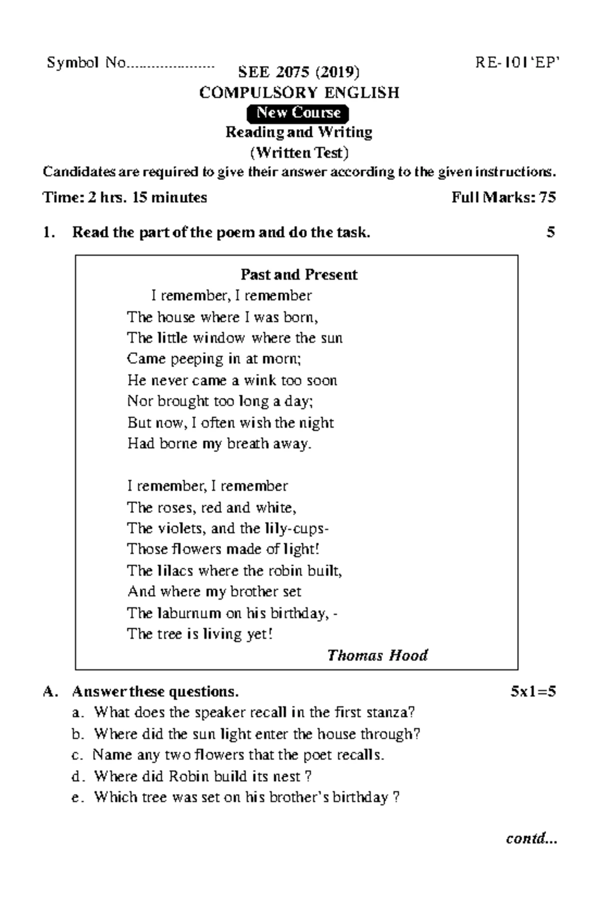 SEE English Questions Paper 2075 (101-CP) - Symbol No ...