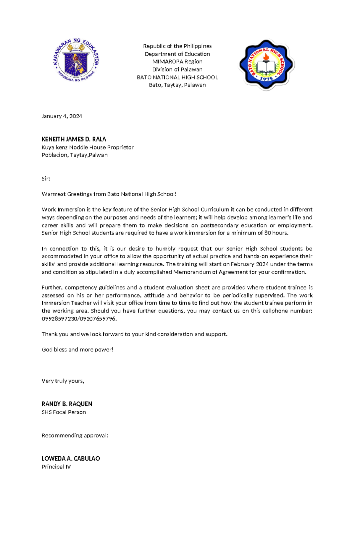 Kuya kenz letter - Republic of the Philippines Department of Education ...