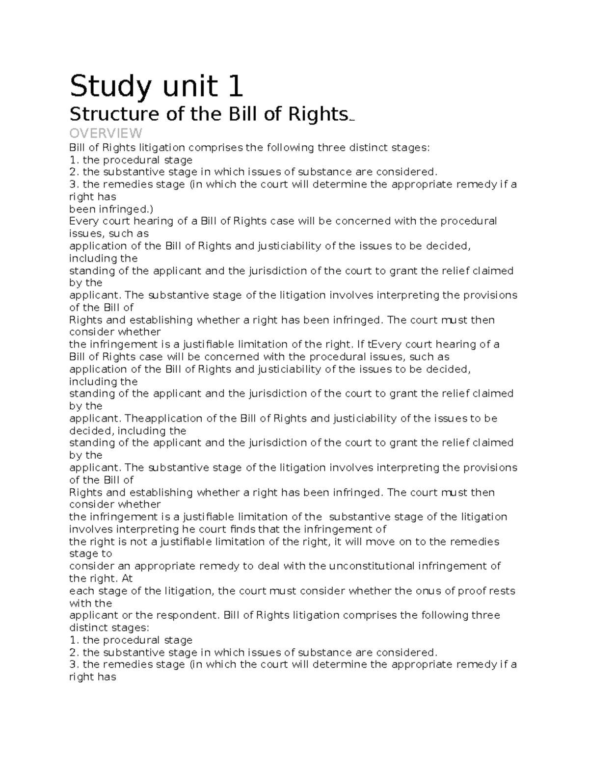 Study Unit 1: Overview of Bill of Rights Litigation Stages - Studocu