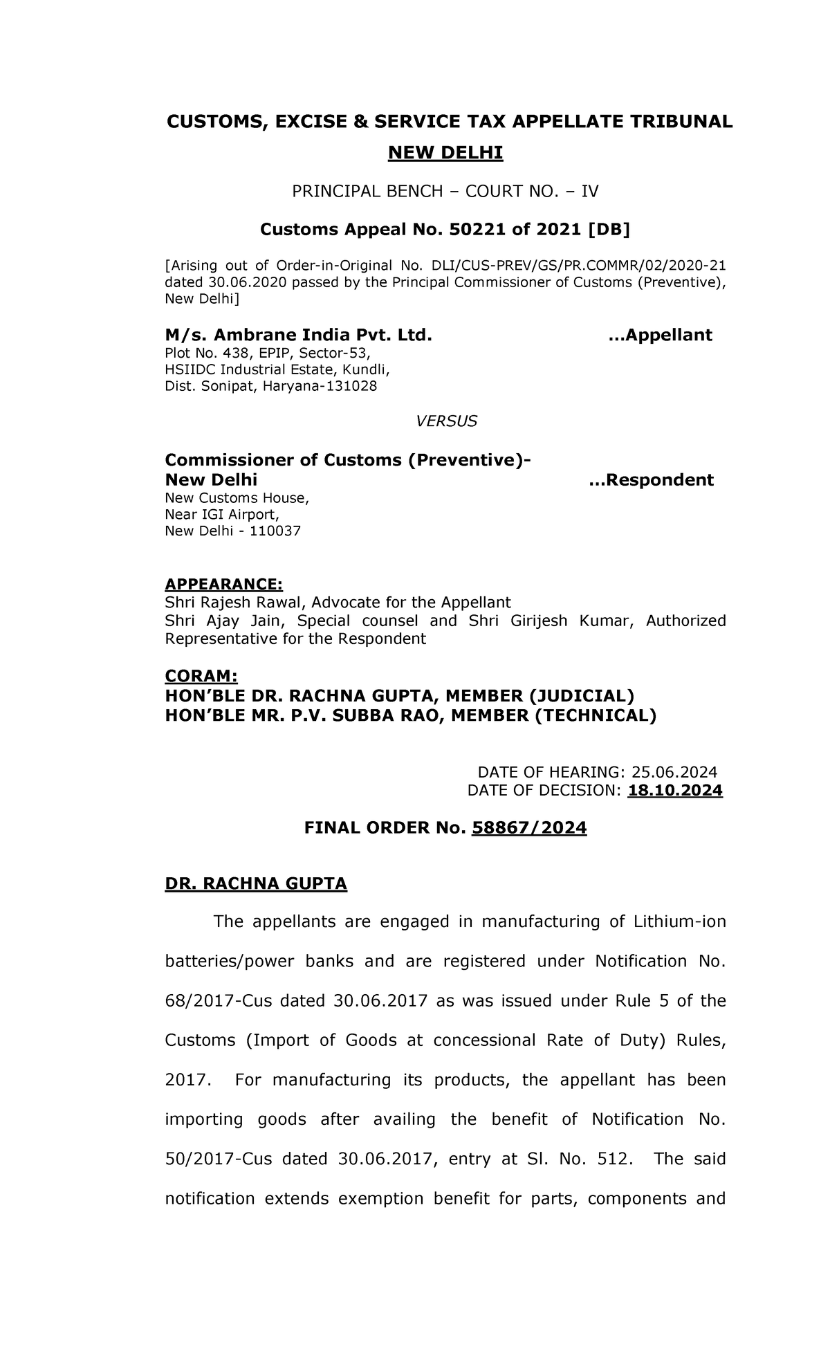 Customs Appeal No. 50221 of 2021: Ambrane India vs. Commissioner of ...