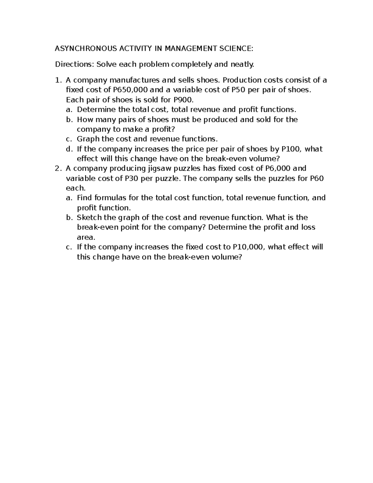 ASYNCHRONOUS ACTIVITY IN MANAGEMENT SCIENCE: Problem Solving Guide ...