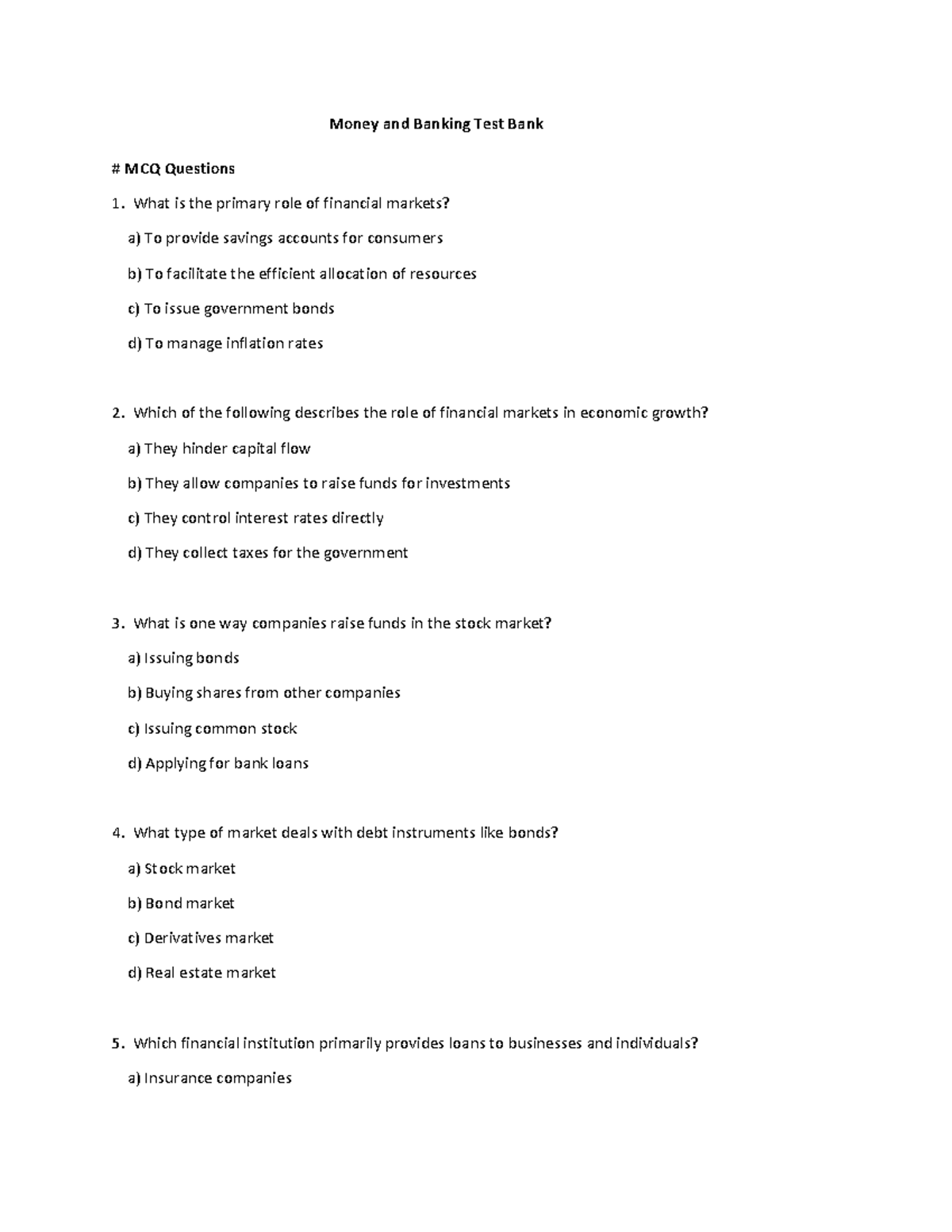 M&B 101: Money and Banking Test Bank MCQ Questions - Studocu
