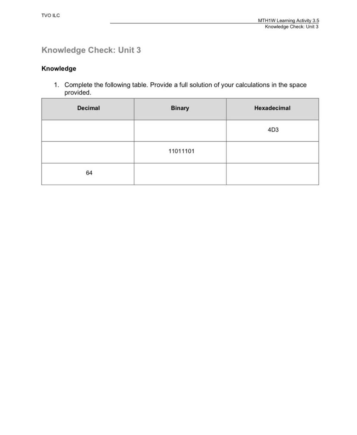 TVO ILC MTH1W Knowledge Check: Unit 3 Learning Activity Solutions - Studocu