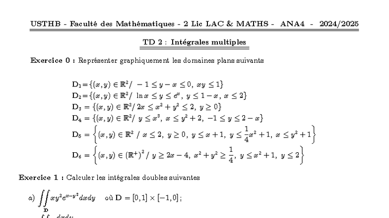 USTHB - TD 2 : Intégrales Multiples - 2 Lic LAC & MATHS - ANA4 - 2024/ ...
