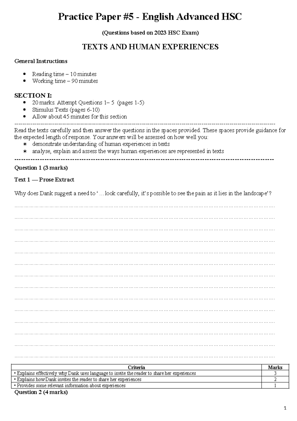 Practice Paper English Advanced HSC: Texts & Human Experiences Analysis ...
