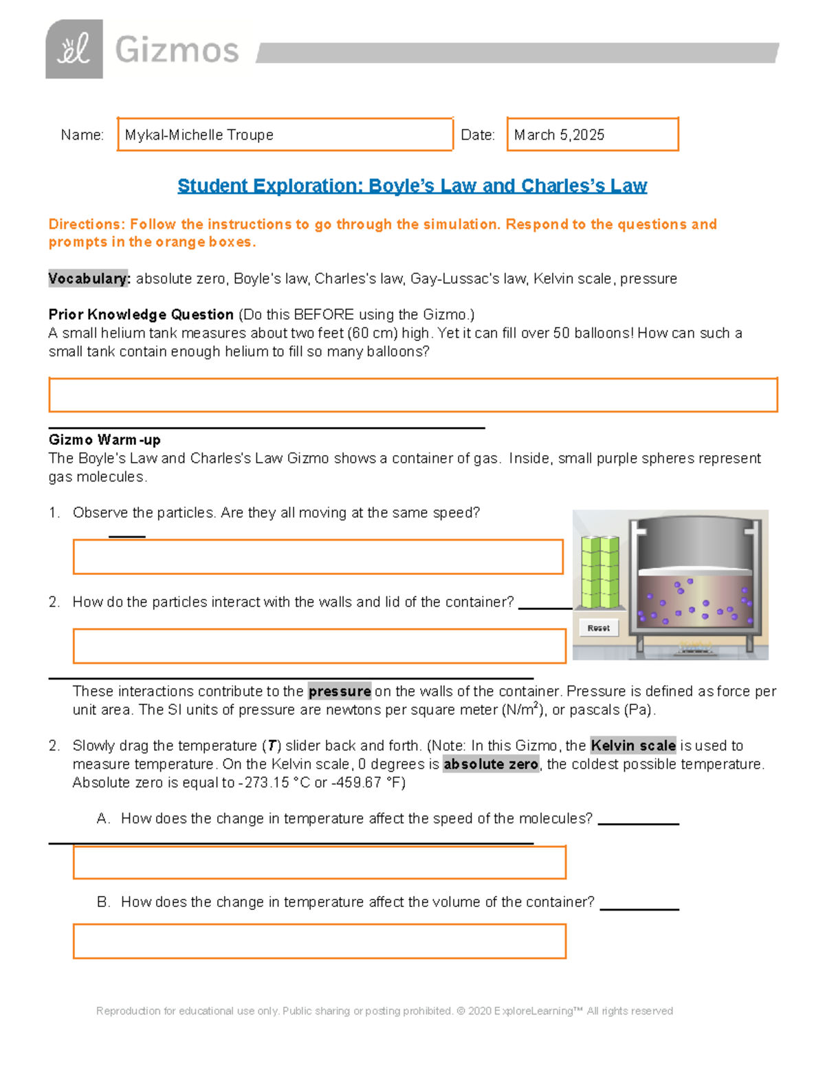 Boyle's and Charles' Laws: Student Exploration Guide (SE) - Studocu