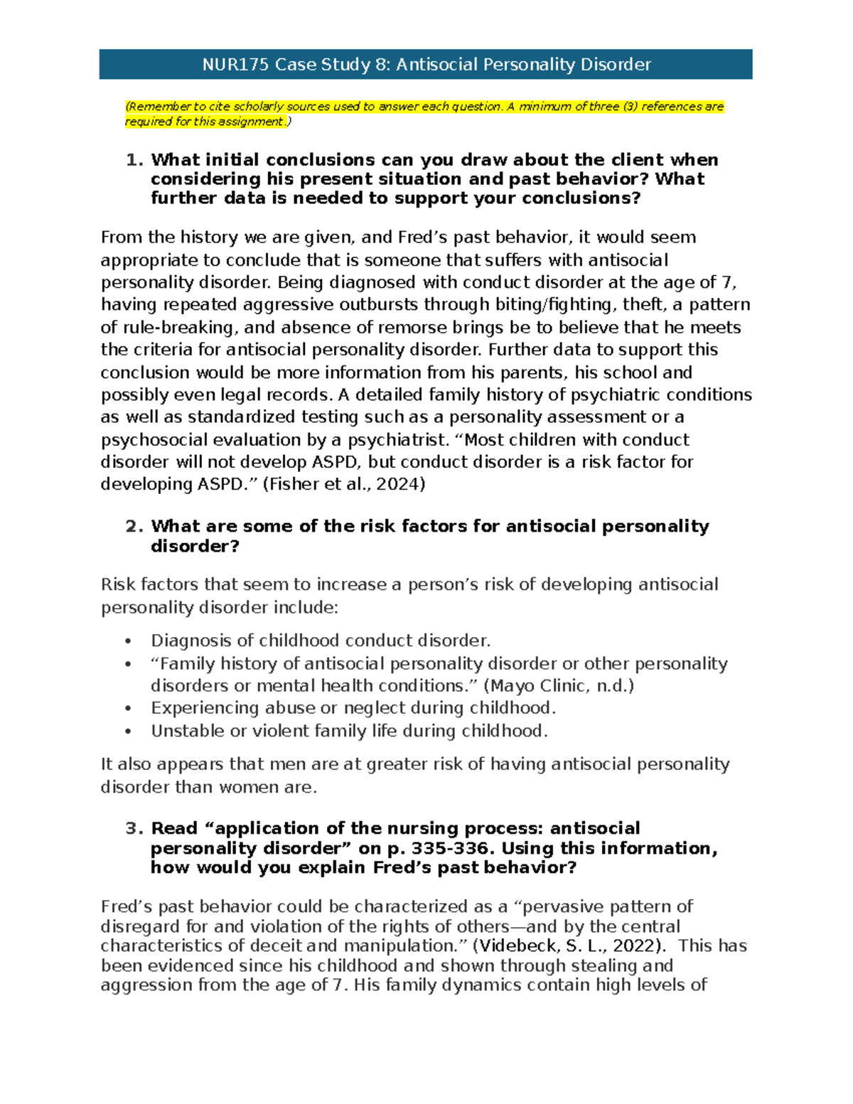 NUR175 Case Study 8: Understanding Antisocial Personality Disorder ...