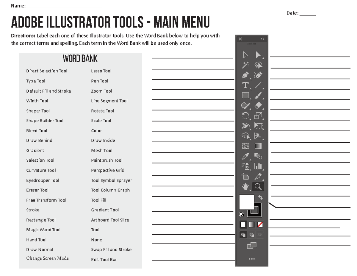 ADOBE ILLUSTRATOR TOOLS IDENTIFICATION WORKSHEETS - PRACTICE - Studocu