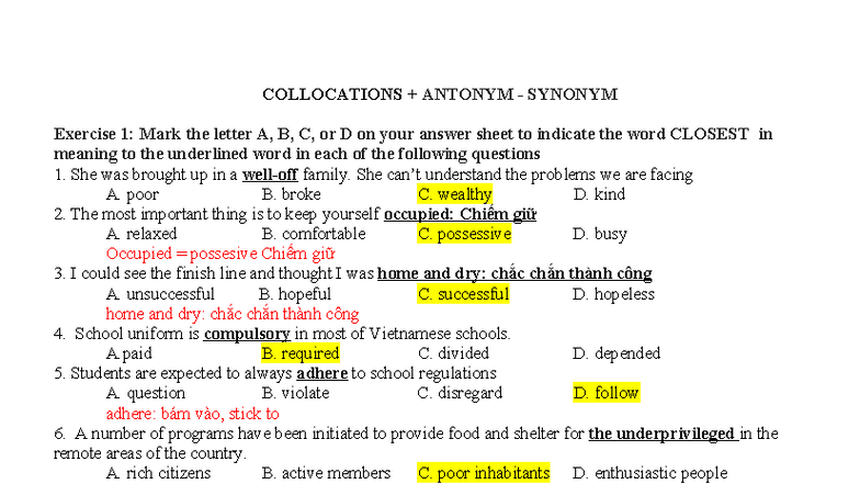 BT - Collocations & Antonyms/Synonyms Exercise - Studocu